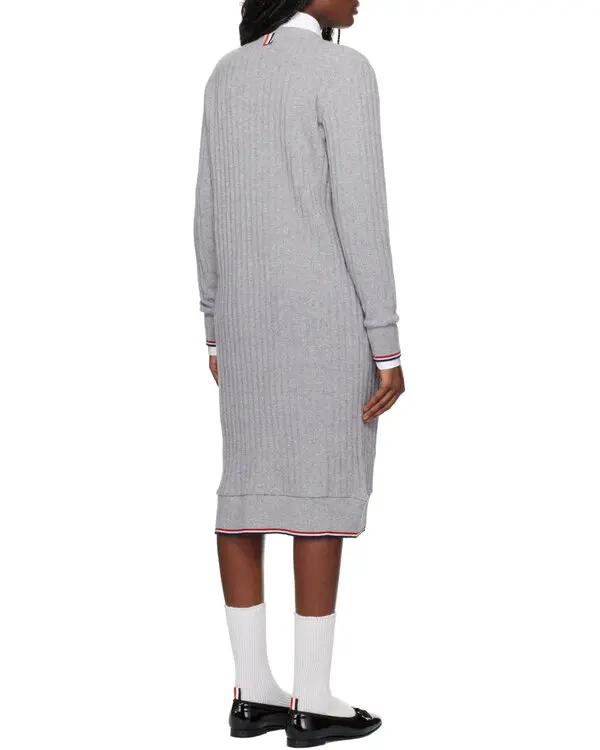 Thom Browne Ribbed Long Cardigan With Striped Details - Gray
