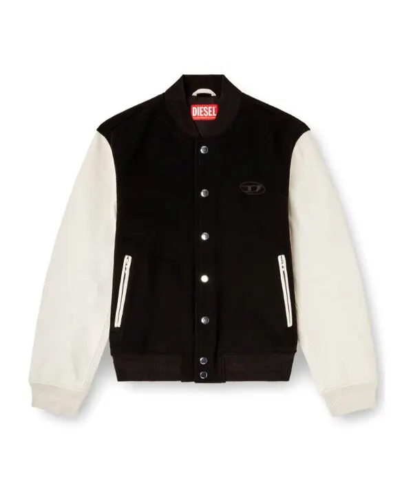 DIESEL® Color-block Wool Blend Bomber Jacket With Leather Sleeves - Black/white