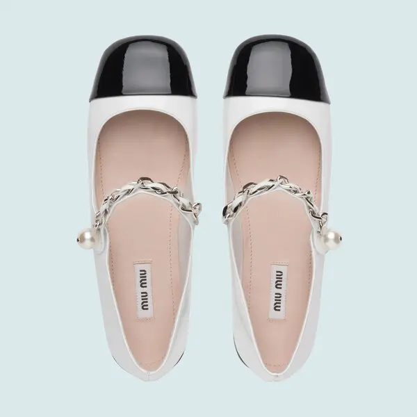 Miu Miu Patent Leather Ballerina Pumps With Chain And Pearl Embellishments