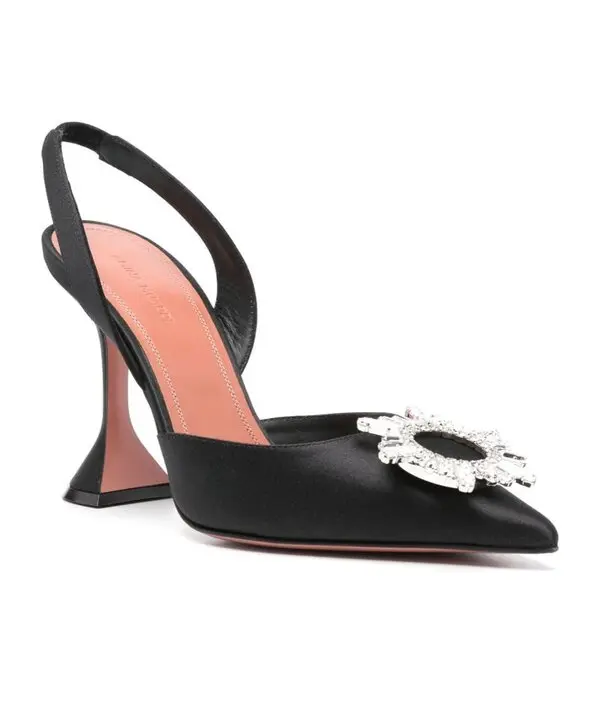 Amina Muaddi Pointed Toe Crystal Embellished Slingback High Heels - Black