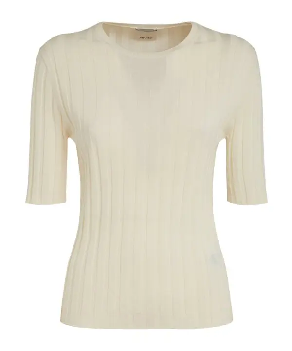 ALLUDE Round Neck Ribbed Knit Short Sleeve Cardigan