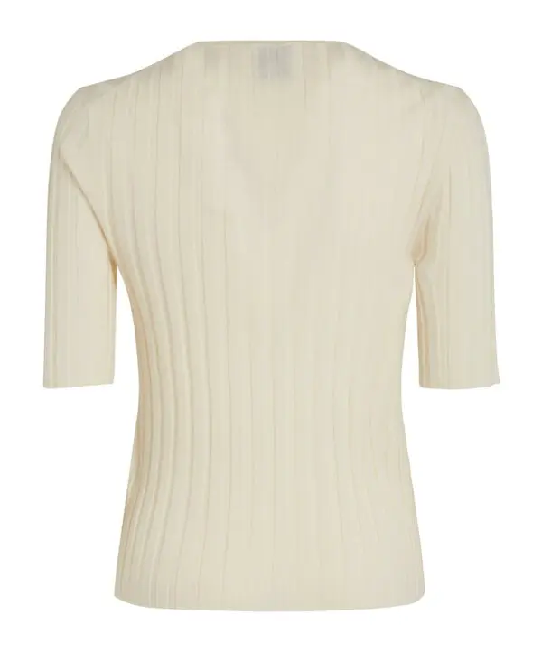 ALLUDE Round Neck Ribbed Knit Short Sleeve Cardigan