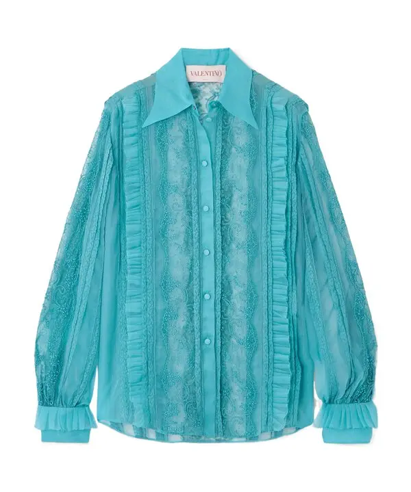 Valentino Garavani Pleated Ruffled Bead-embellished Lace-trimmed Silk-organza Shirt - Green