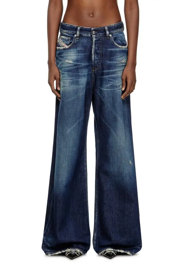 DIESEL® Frayed Wide-leg Jeans - Dark Blue