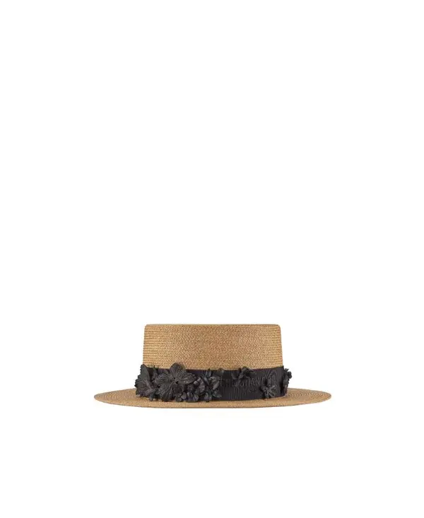 Dior Boater Hat With Floral Embellishments - Black