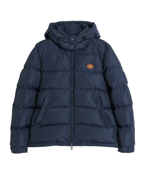 Valentino Garavani Zip-up Hooded Down Jacket With Vlogo Patch - Blue