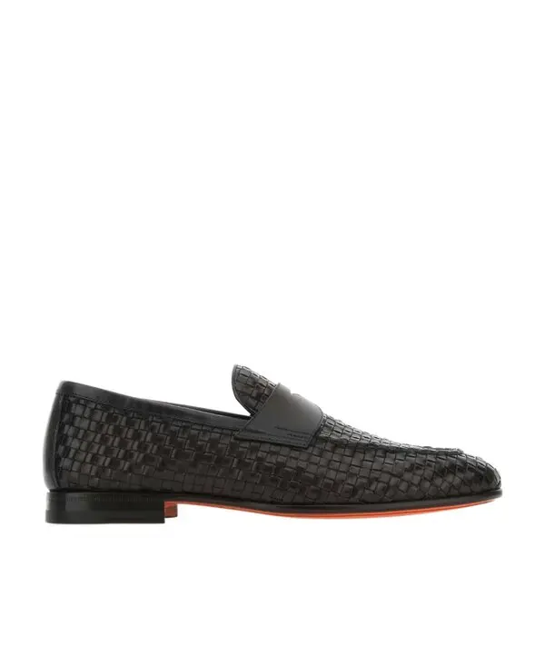 Santoni Almond Toe Woven Loafers - Black