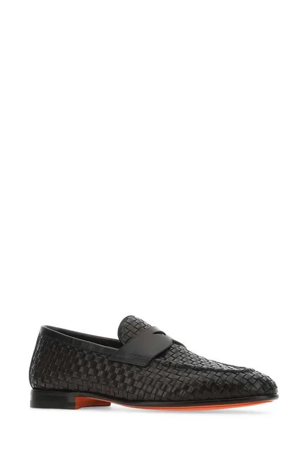 Santoni Almond Toe Woven Loafers - Black