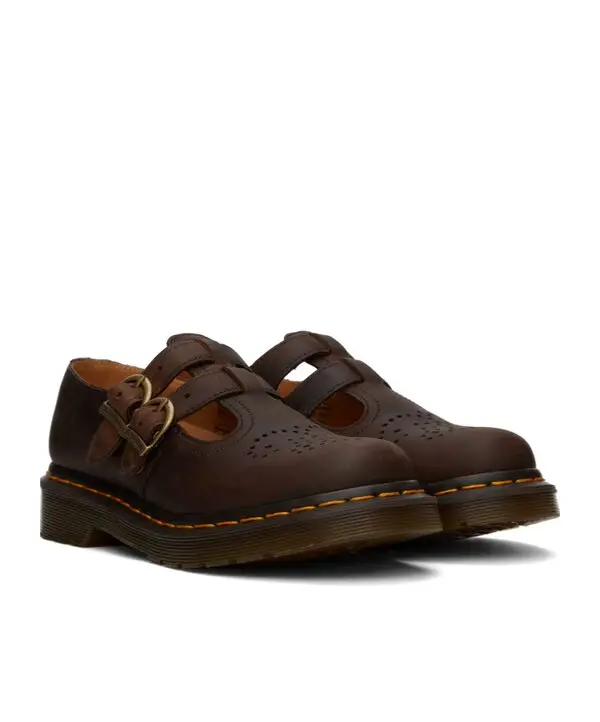 Dr. Martens Mary Jane Buckled Shoes With Perforation And Gold Tone Hardware - Brown