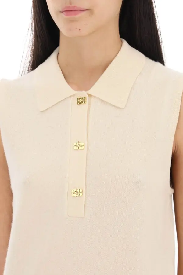 GANNI Logo Button Knitted Vest - Nude