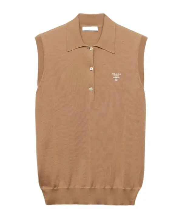 Prada Sleeveless Knitted Polo Shirt - Camel Brown
