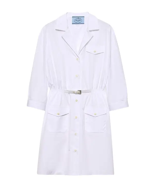 Prada Belted Shirt Dress With Three-quarter Sleeves And Patch Pockets