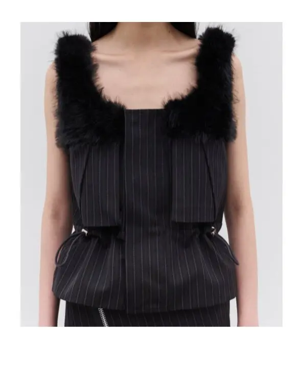 Sacai Striped Vest With Fur Accents