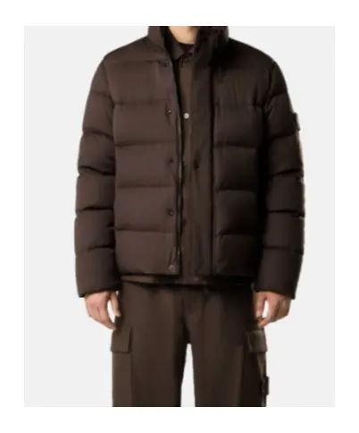 Stone Island Padded Down Jacket With Stand Collar And Logo Badge - Dark Brown