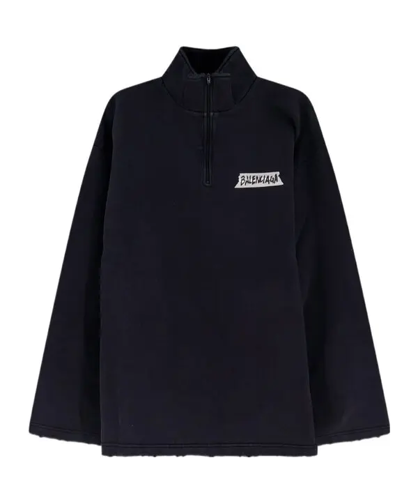 Balenciaga Quarter-zip Distressed Logo Sweater - Black
