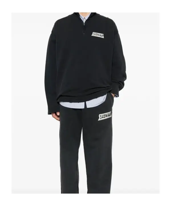 Balenciaga Quarter-zip Distressed Logo Sweater - Black