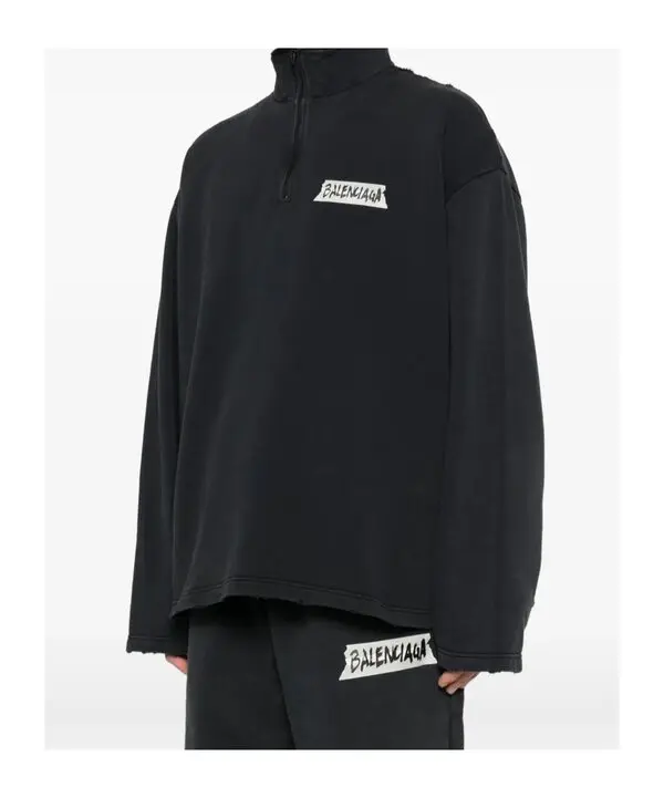 Balenciaga Quarter-zip Distressed Logo Sweater - Black