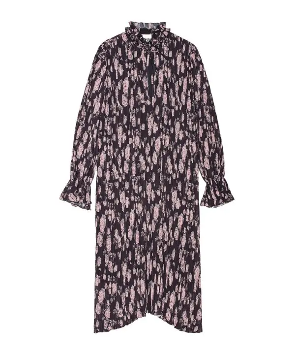 GANNI Floral Printed Pleated Georgette Midi Dress