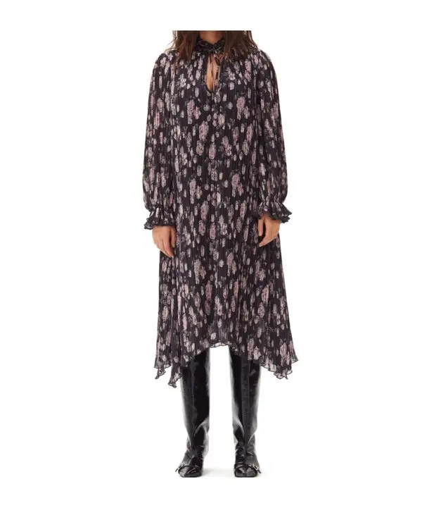 GANNI Floral Printed Pleated Georgette Midi Dress