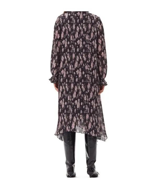 GANNI Floral Printed Pleated Georgette Midi Dress
