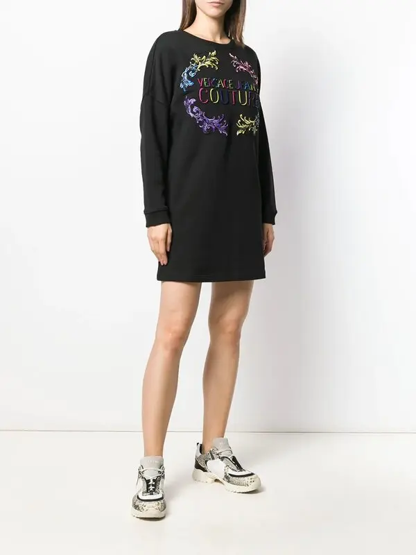 Versace Logo Embroidered Long Sleeve Dress