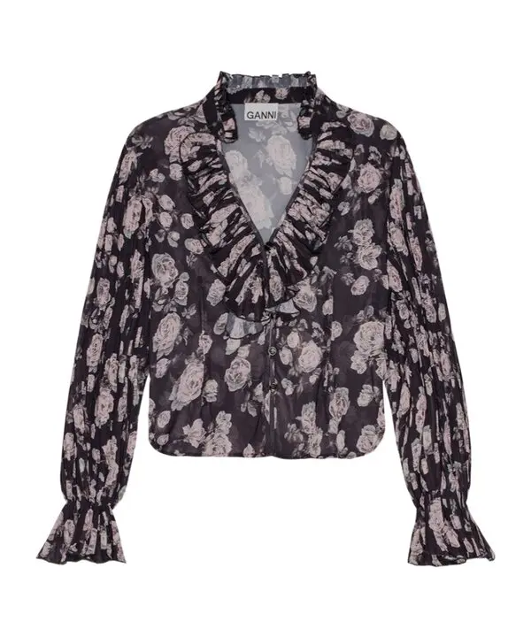 GANNI Floral Printed Pleated Georgette Blouse - Phantom