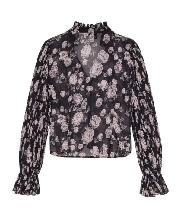 GANNI Floral Printed Pleated Georgette Blouse
