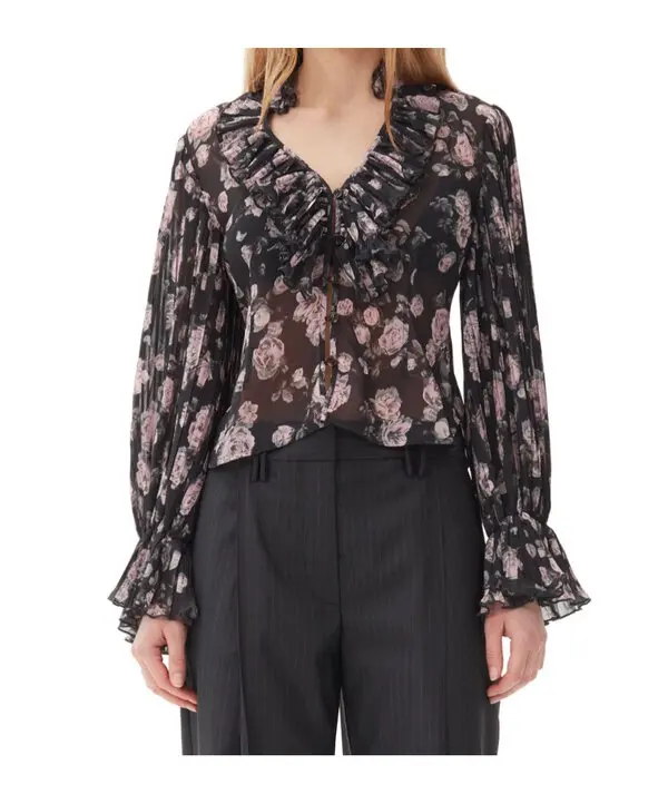 GANNI Floral Printed Pleated Georgette Blouse