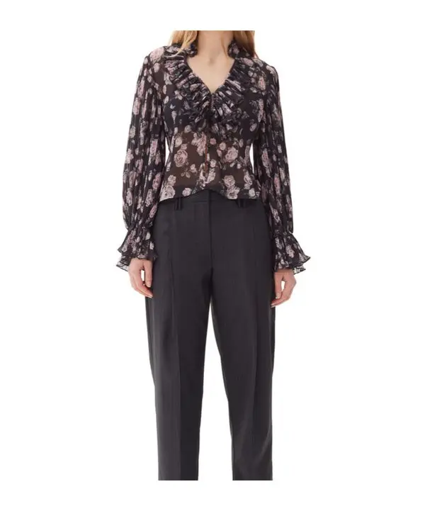 GANNI Floral Printed Pleated Georgette Blouse