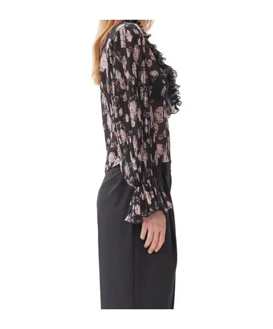 GANNI Floral Printed Pleated Georgette Blouse