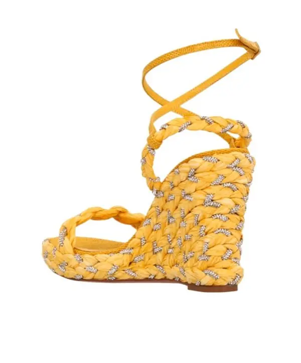 AQUAZZURA Woven Raffia Wedge Sandals With Crystal Embellishments