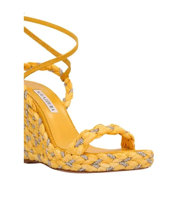 AQUAZZURA Woven Raffia Wedge Sandals With Crystal Embellishments