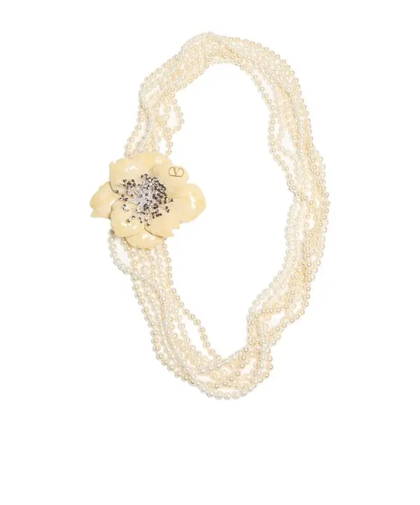 Valentino Garavani Floral Embellished Pearl Necklace - Yellow