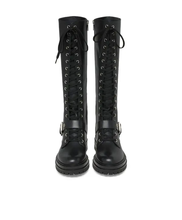 GIANVITO ROSSI Leather Knee High Lace Up Boots With Buckle Detail - Black