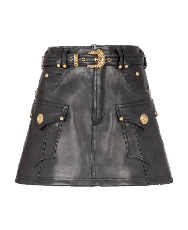 Balmain Western Leather A-line Skirt - Black