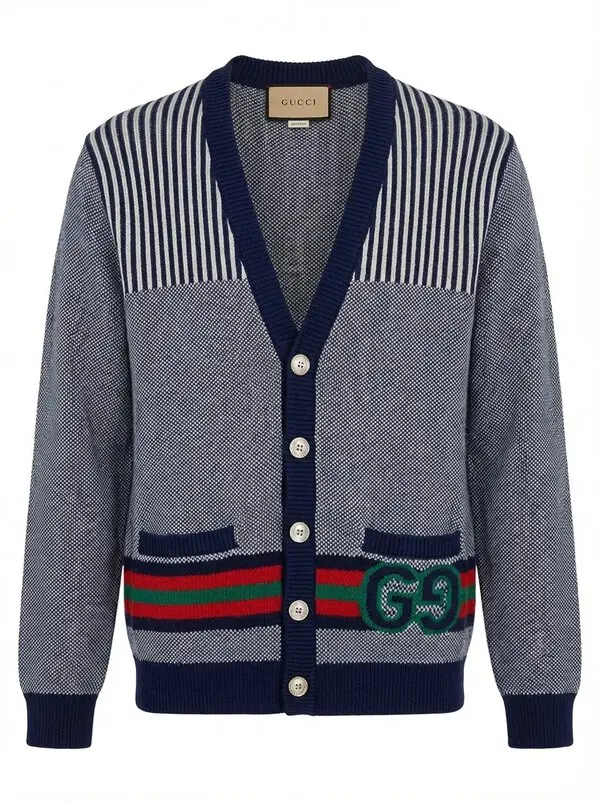 Gucci Logo Intarsia V-neck Cardigan - Gray