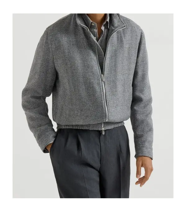 Brunello Cucinelli Stand Collar Hopsack Outerwear Jacket - Medium Grey