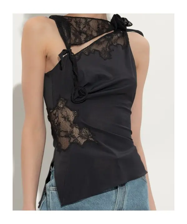 Coperni Asymmetrical Lace Detail Sleeveless Tank Top - Black