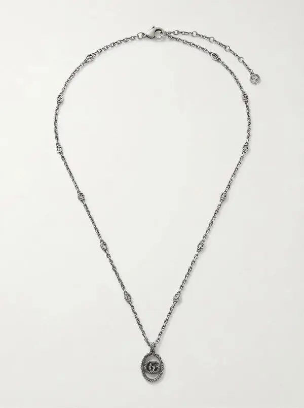 Gucci Sterling Silver Oval Necklace With Gg Motif - Gray