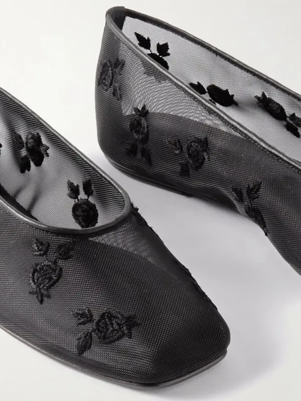Magda Butrym Mesh Ballet Flats With Embroidered Floral Detail - Black