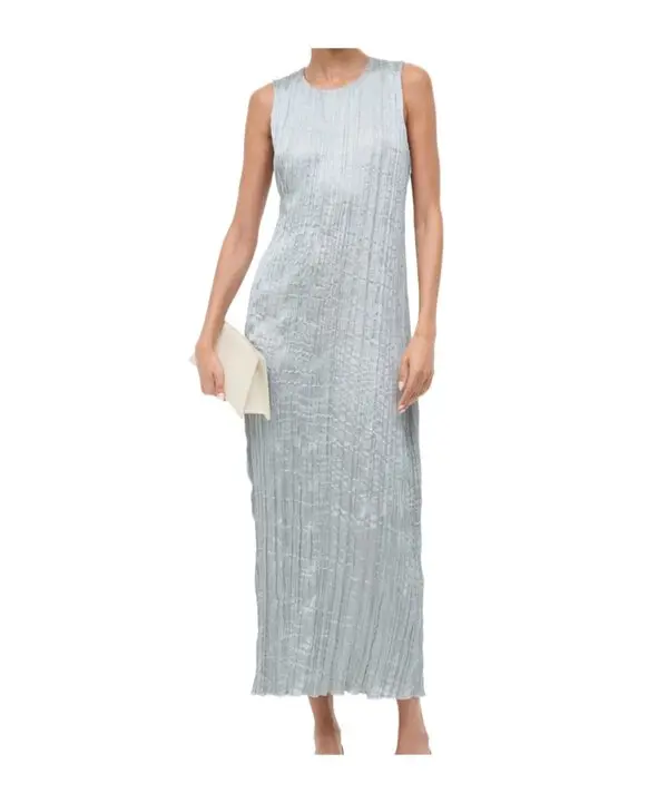 Staud Mizu Sage Plissé Midi Dress With Detachable Belt - Silver