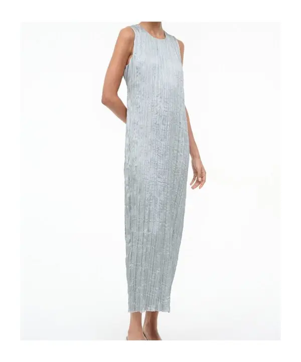 Staud Mizu Sage Plissé Midi Dress With Detachable Belt - Silver