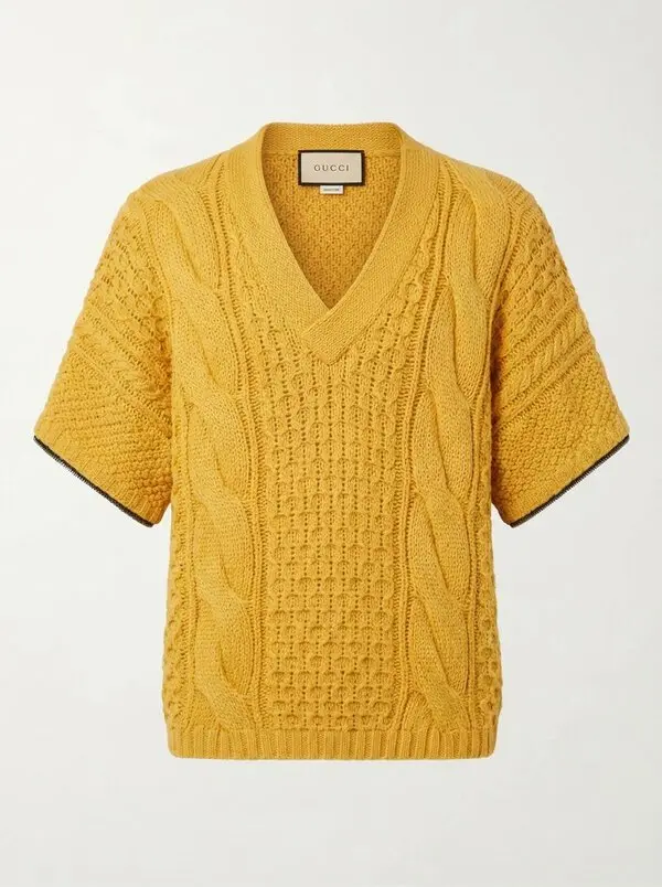 Gucci V-neck Cable Knit Pullover With Removable Sleeves - Yellow