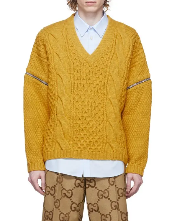 Gucci V-neck Cable Knit Pullover With Removable Sleeves