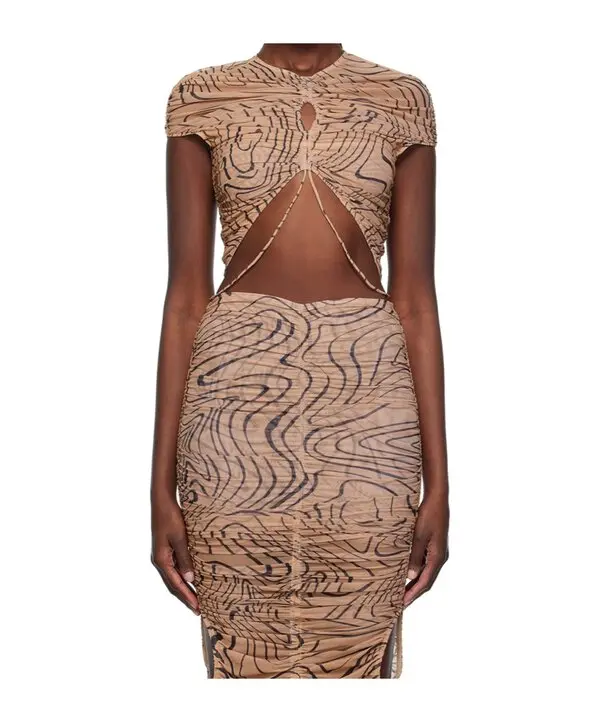 MUGLER Printed Mesh Cropped Top - Brown