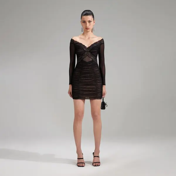 SELF-PORTRAIT Off-shoulder Lace Trim Mini Dress