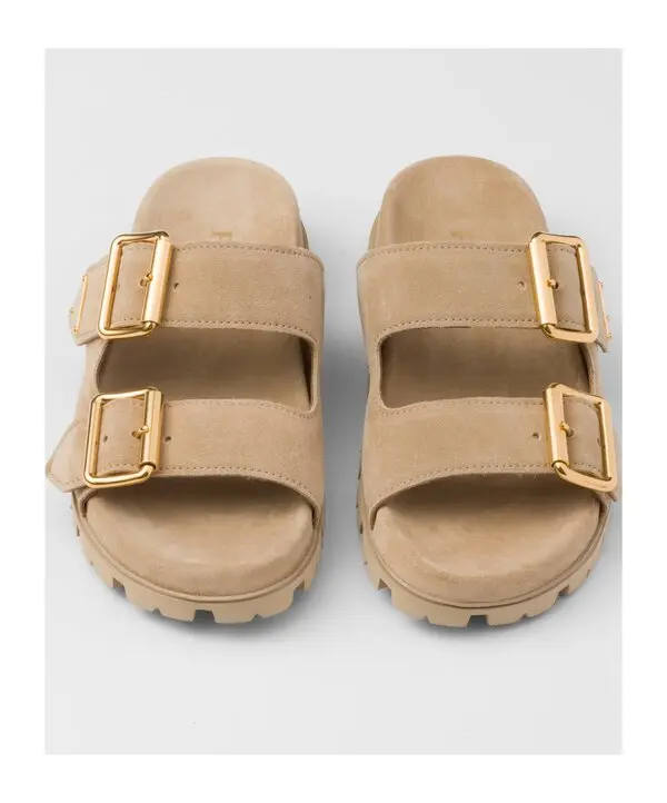 Prada Suede Strap Slides With Metal Buckles