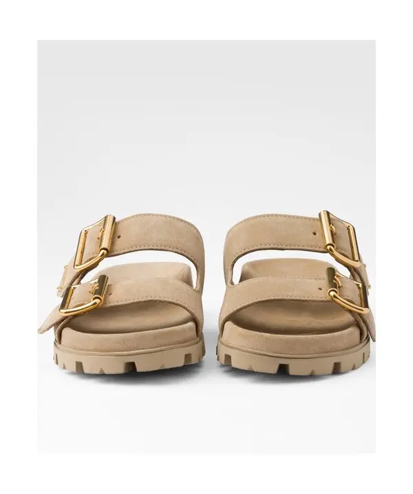 Prada Suede Strap Slides With Metal Buckles