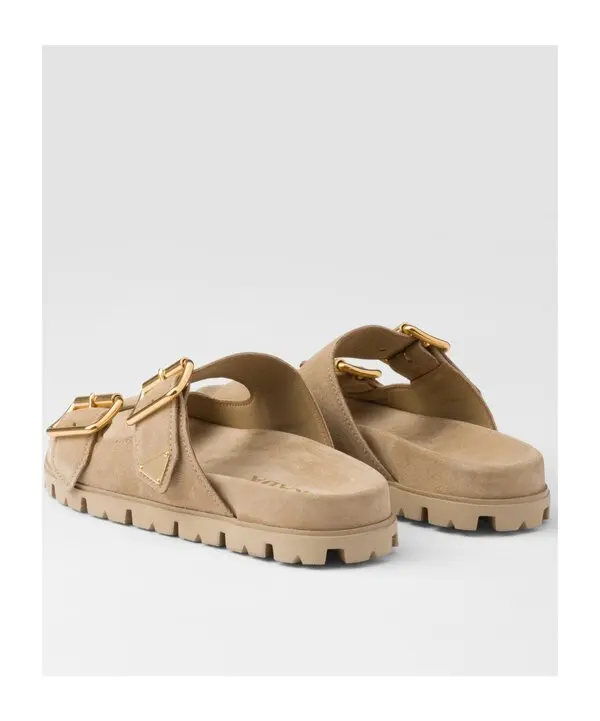 Prada Suede Strap Slides With Metal Buckles