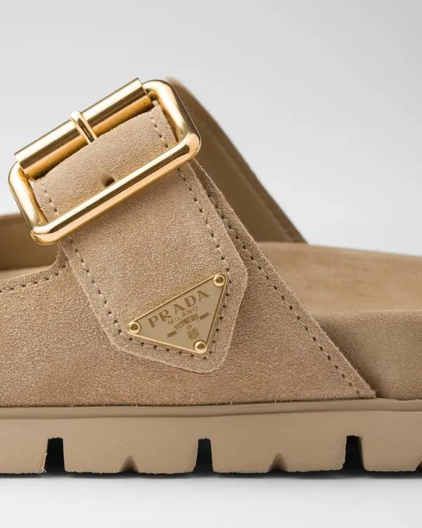 Prada Suede Strap Slides With Metal Buckles
